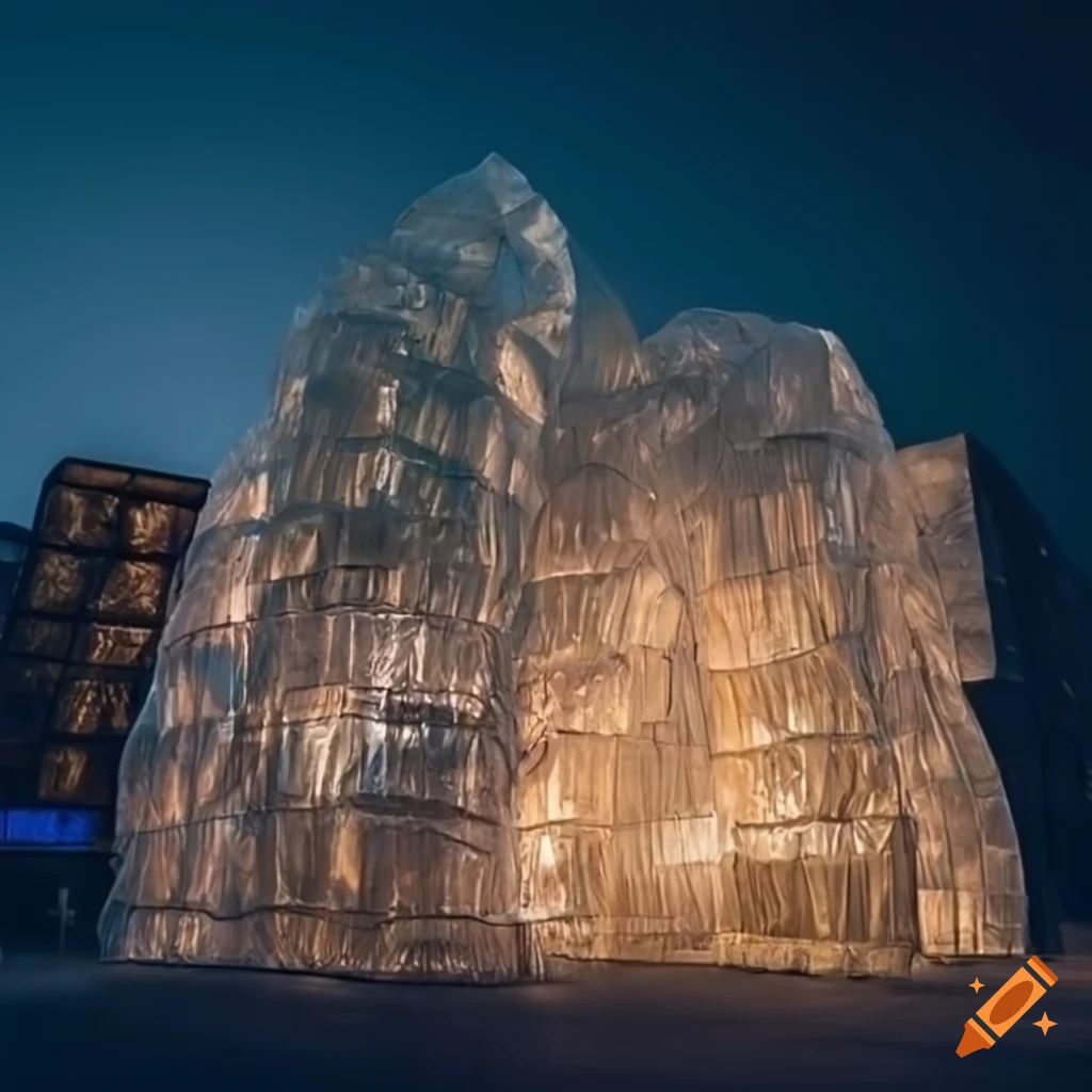 Sculptural building made from recycled plastic bags on Craiyon