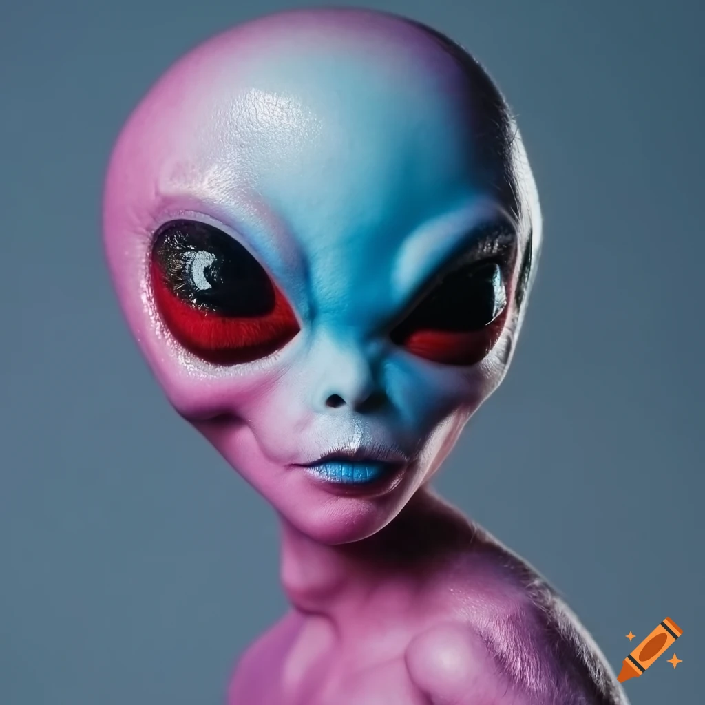 Portrait of a lifelike pink alien with blue eyeshadow and red lipstick ...