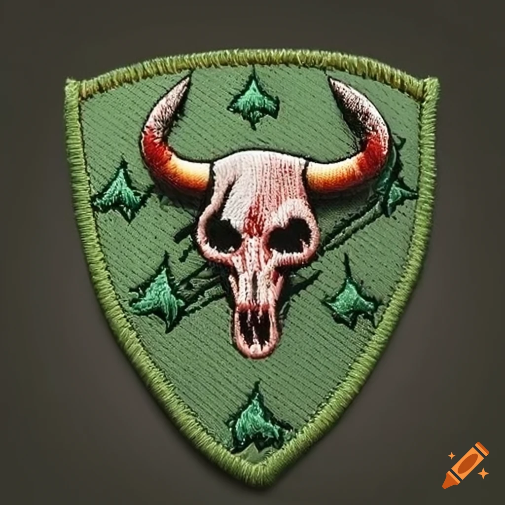 Military style patch featuring a bull skull on Craiyon