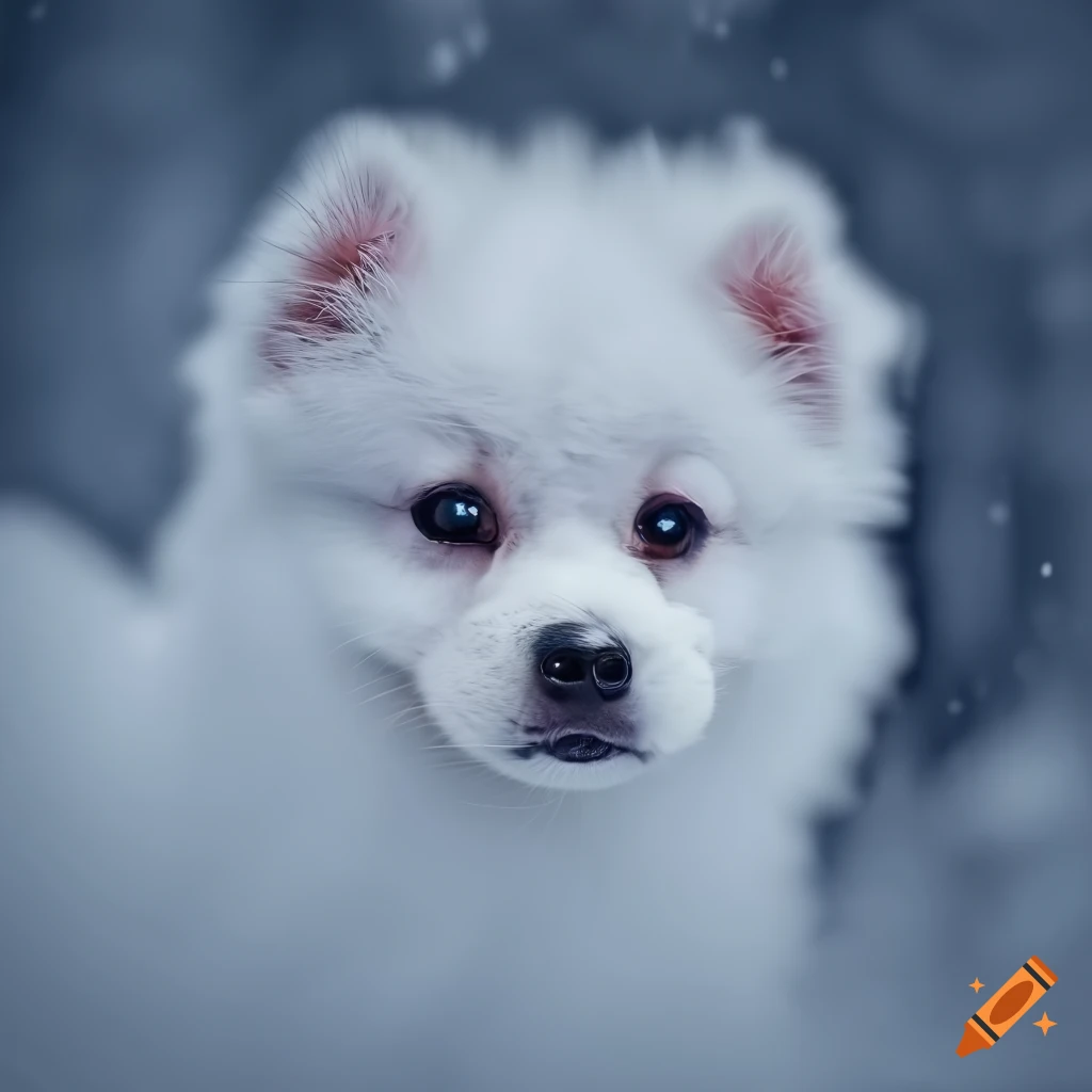 Photograph of a white fluffy puppy in the snow on Craiyon