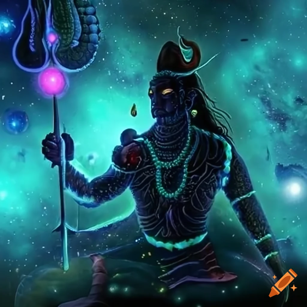 Neon blue depiction of lord shiva on cosmic background on Craiyon