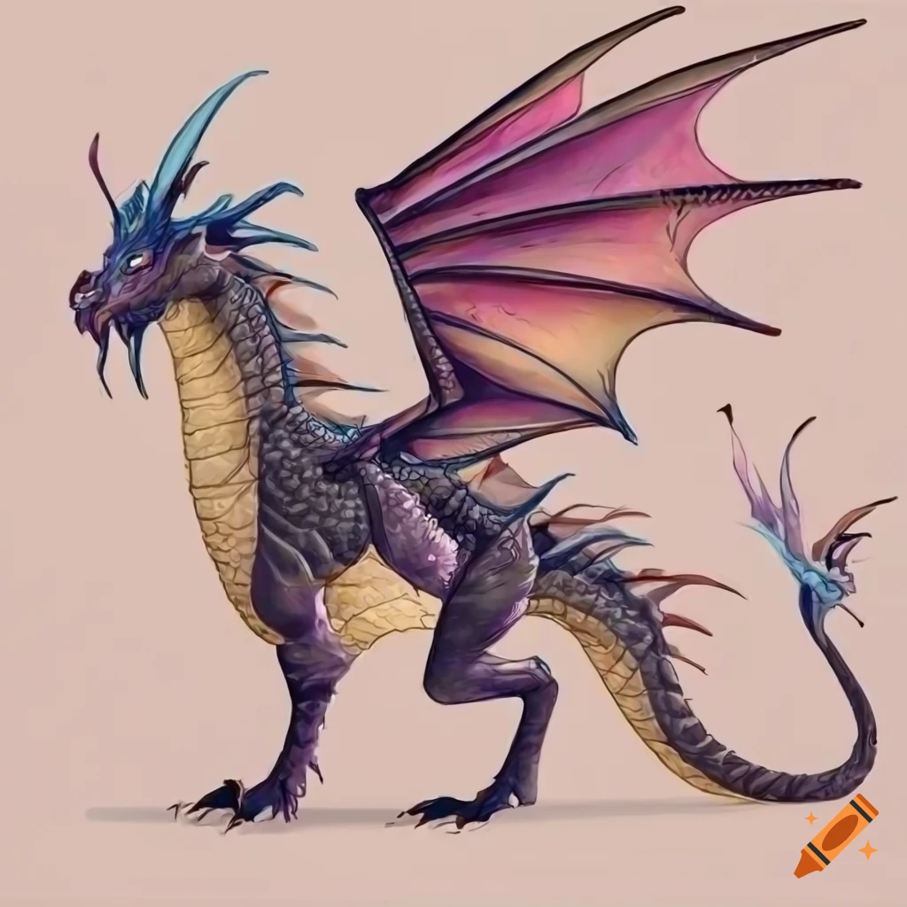 Illustration of a detailed dragon in a side view on Craiyon