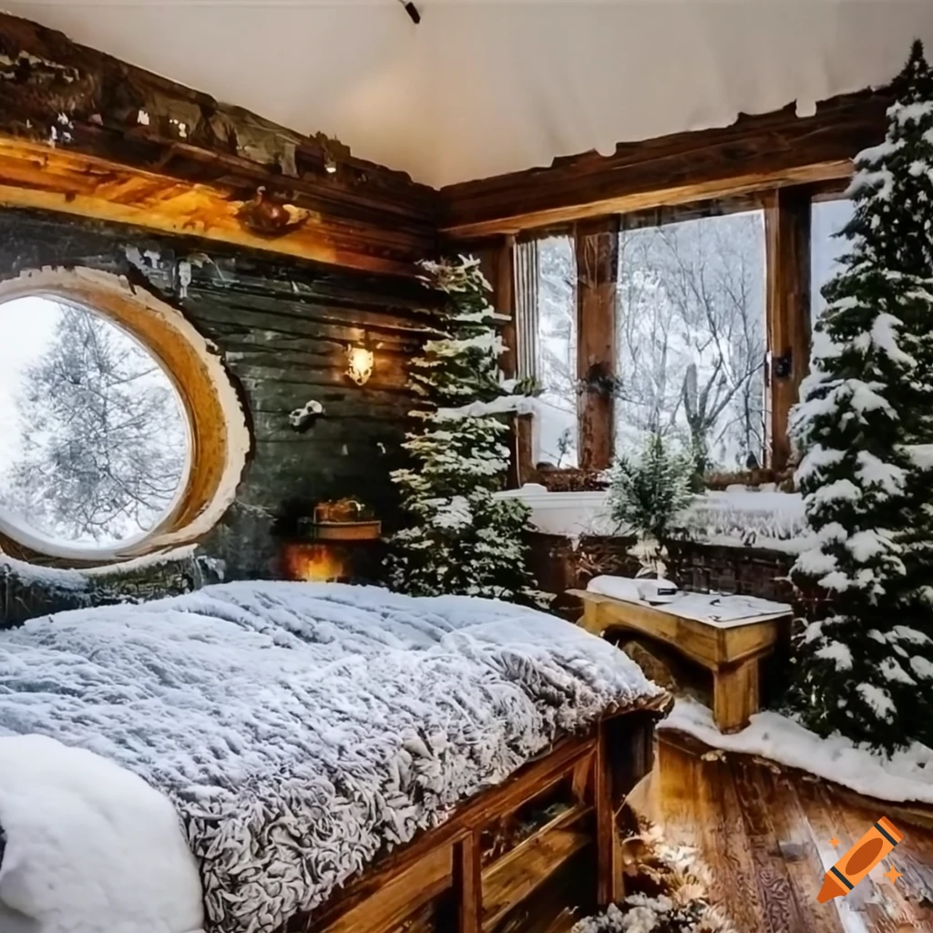 Winter wonderland hobbit bedroom on Craiyon