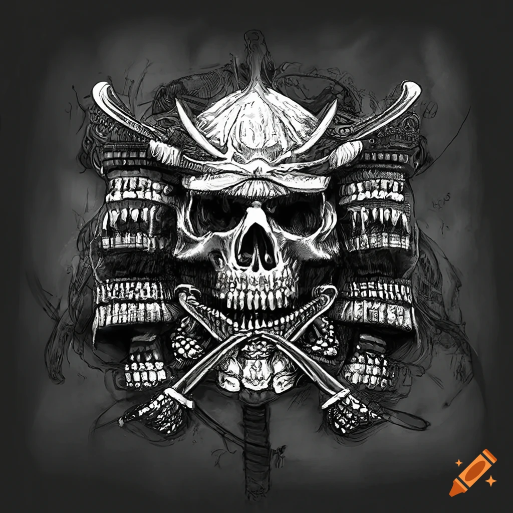 Detailed fantasy art of a samurai skull with a cross hat on Craiyon