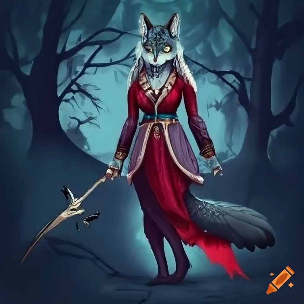 Artwork of a wolf with a magic rapier and raven familiar on Craiyon