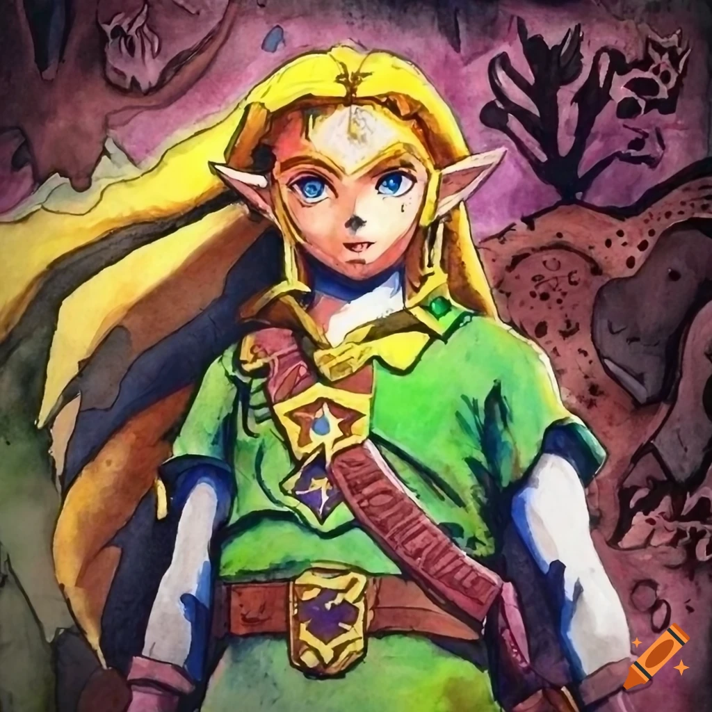 Ink and watercolor artwork of Link protecting Princess Zelda on Craiyon