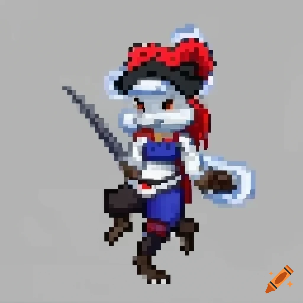 Pixel art of a fierce anthro pirate mouse with a rapier on Craiyon