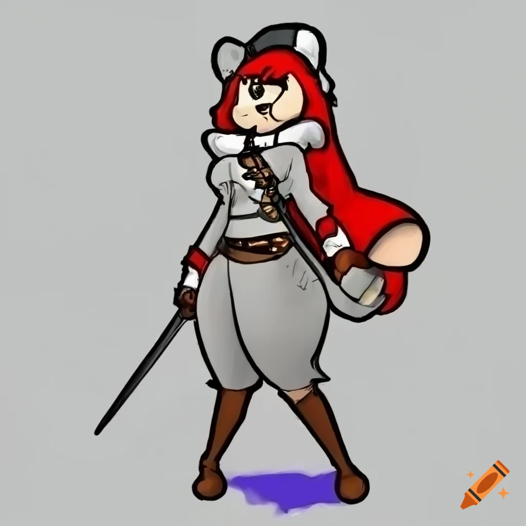 Artwork of a fierce mouse pirate with white fur and red hair on Craiyon
