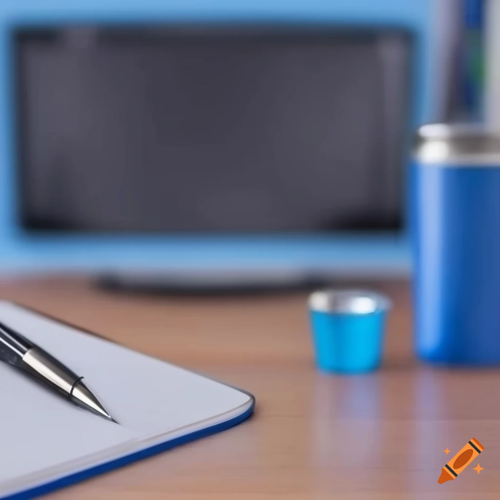 Blue notebook, pen, soda can, and TV on a desk on Craiyon