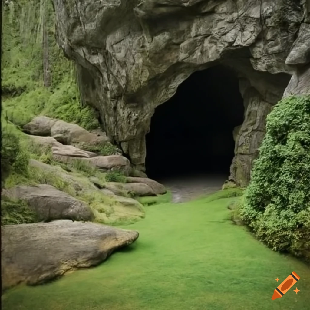 Image of a cave entrance with steep rock walls and lawns on Craiyon