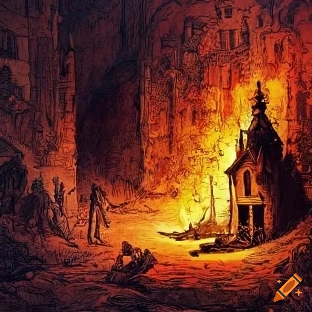 Whimsical illustration of a burning medieval house on Craiyon
