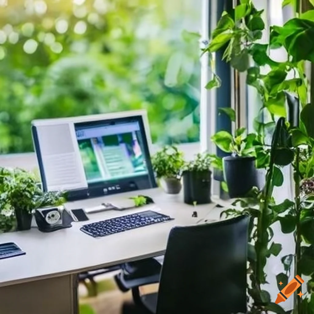 Office with a computer desk and potted plants on Craiyon