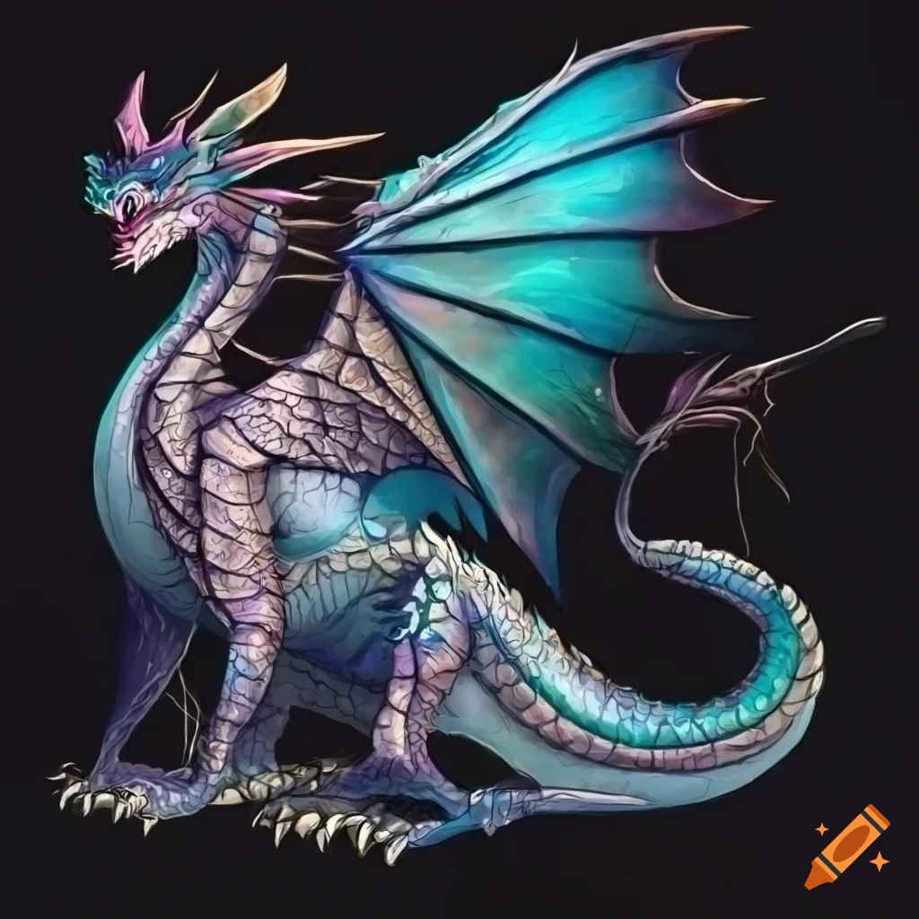 Illustration of a detailed dragon concept design on Craiyon