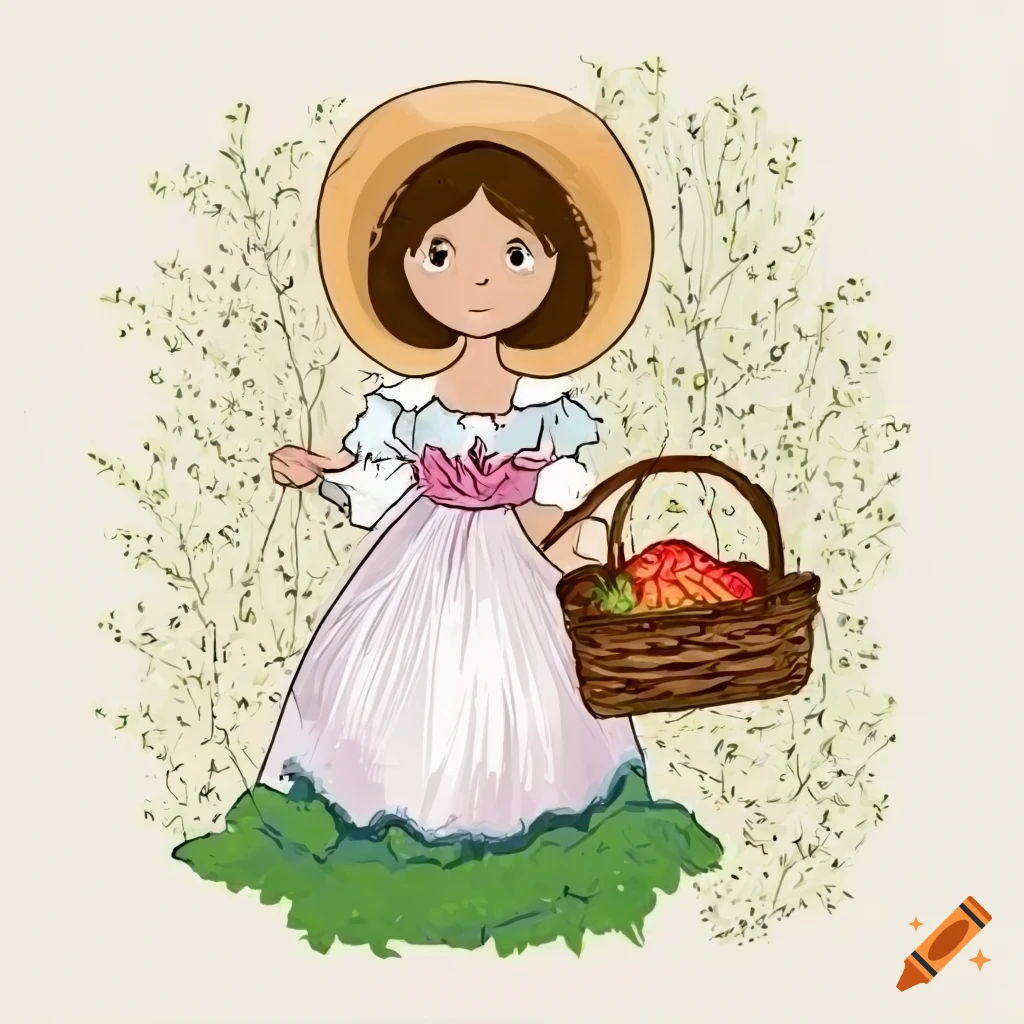 Drawing of a colonial girl with a basket of vegetables on Craiyon