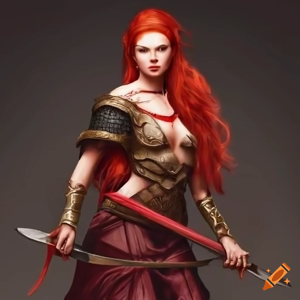 Illustration of a fierce warrior woman with red hair and a red sword on Craiyon