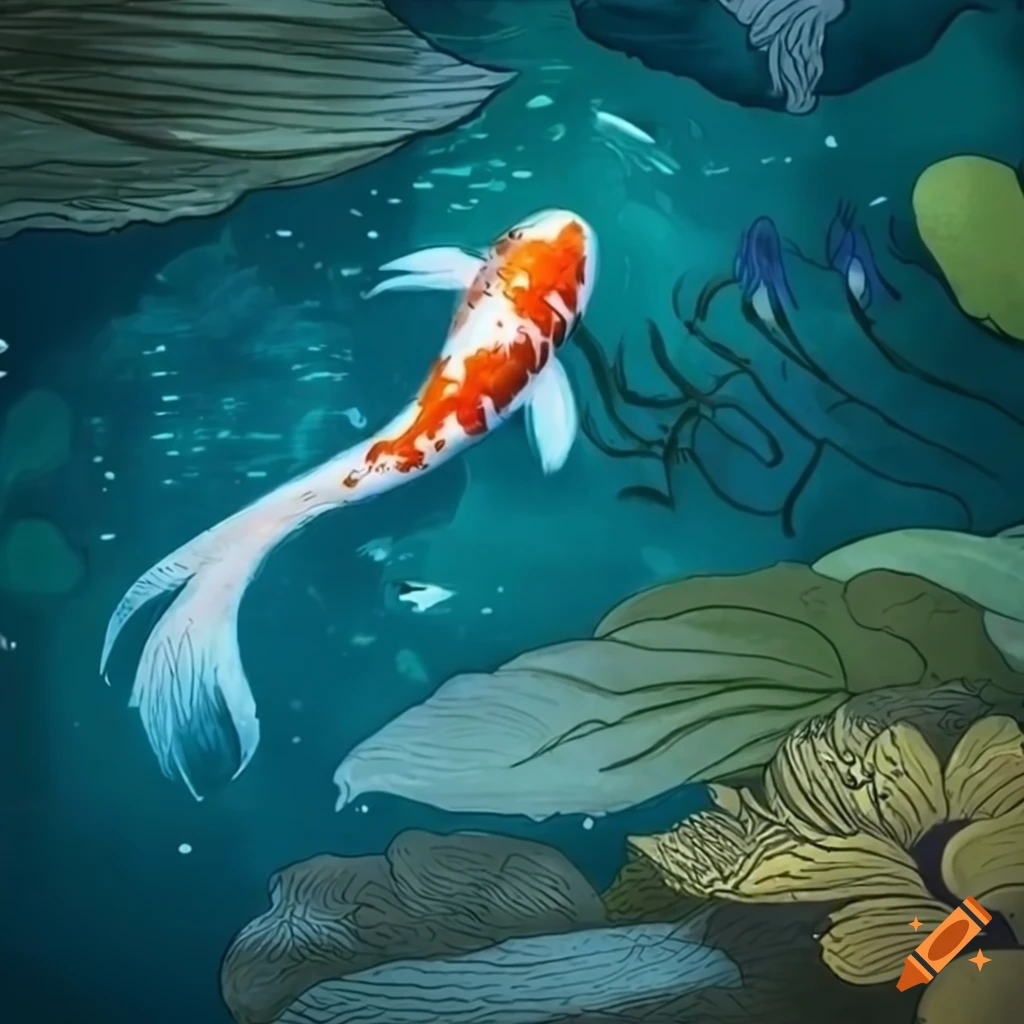 Artistic depiction of two koi fish swimming in a pond on Craiyon