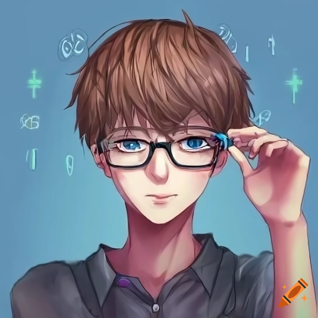Anime boy with glasses doing math