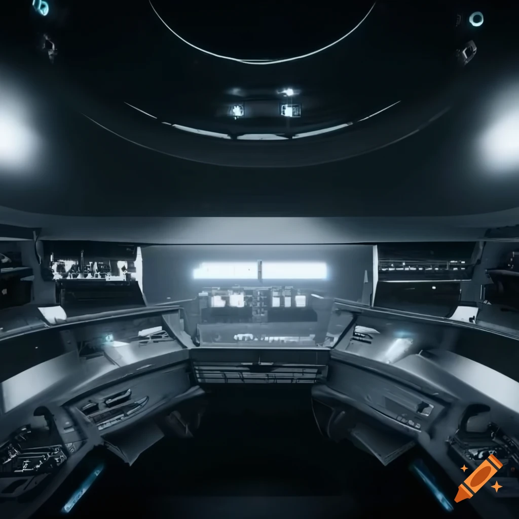 Dark gray circular control room with open pilot seats on Craiyon