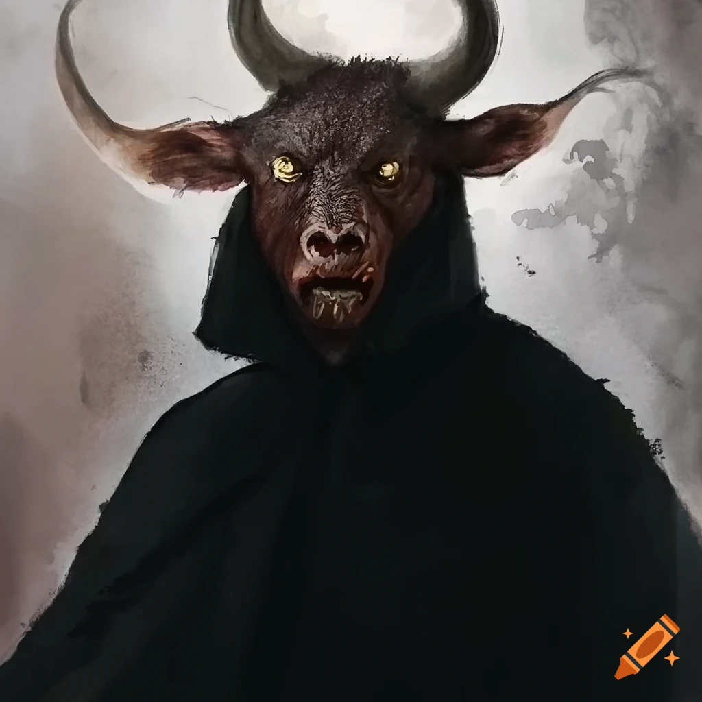 Watercolor painting of an evil minotaur wizard in a dungeon on Craiyon