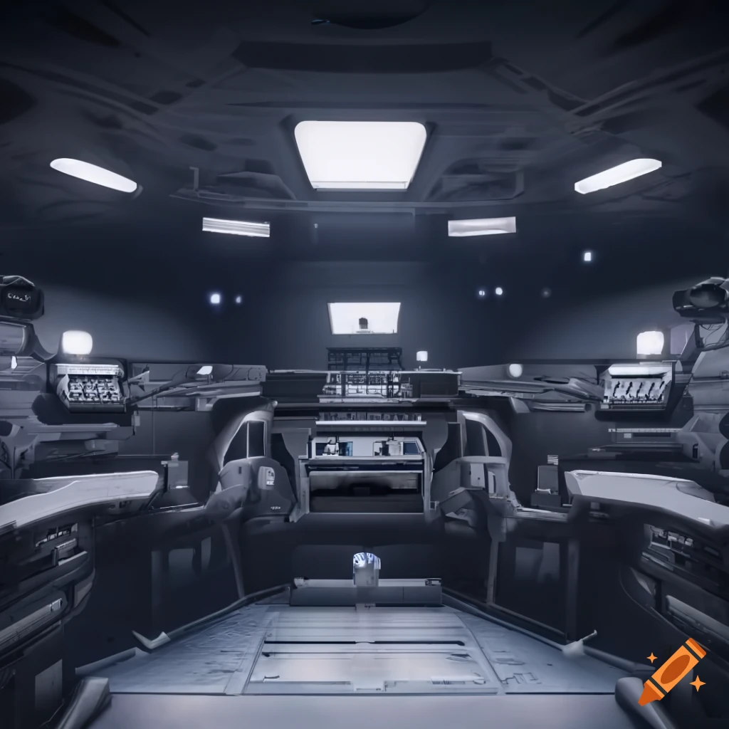 Cinematic view of a dark control room in a snowy open space on Craiyon