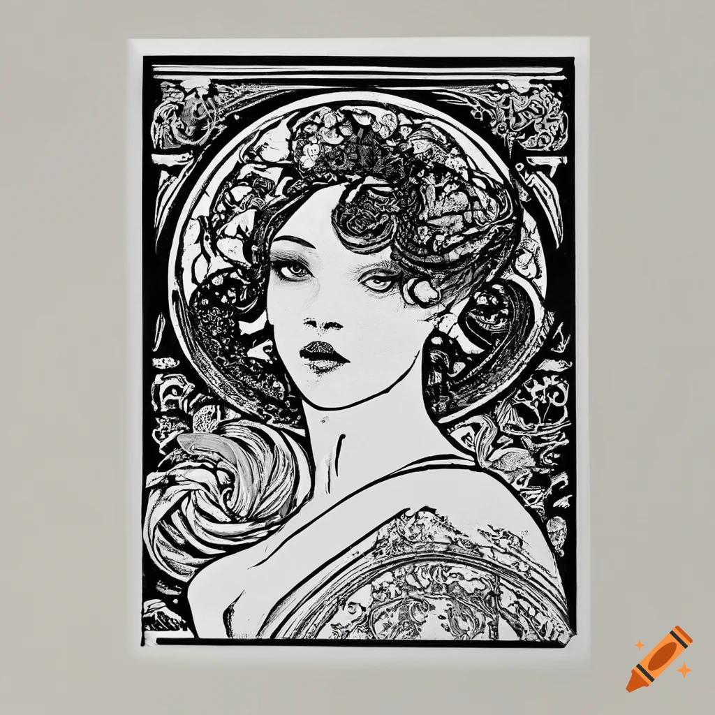 Linocut style artwork inspired by mucha on Craiyon