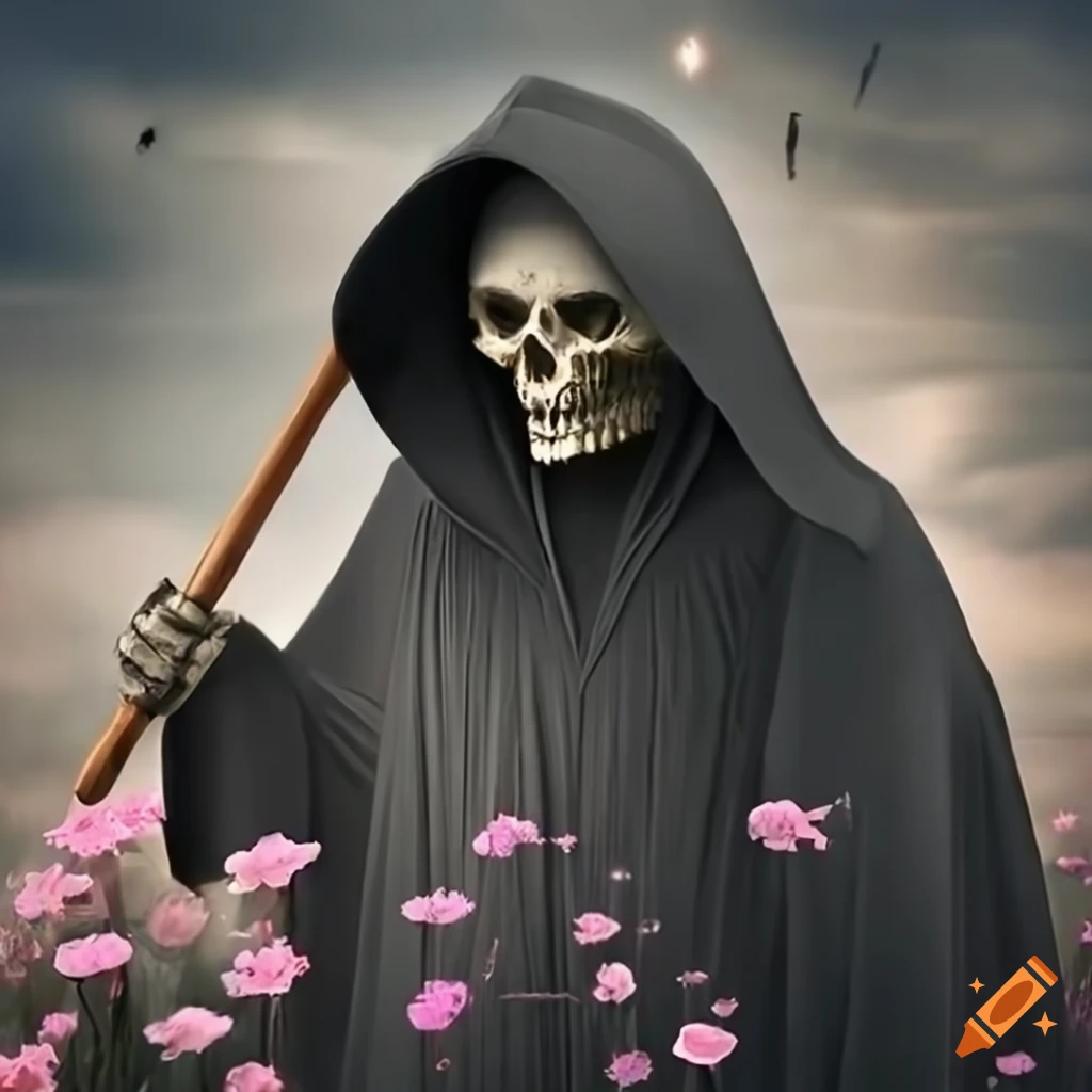 Hyper-detailed 3D artwork of a smiling reaper with a skull head on Craiyon