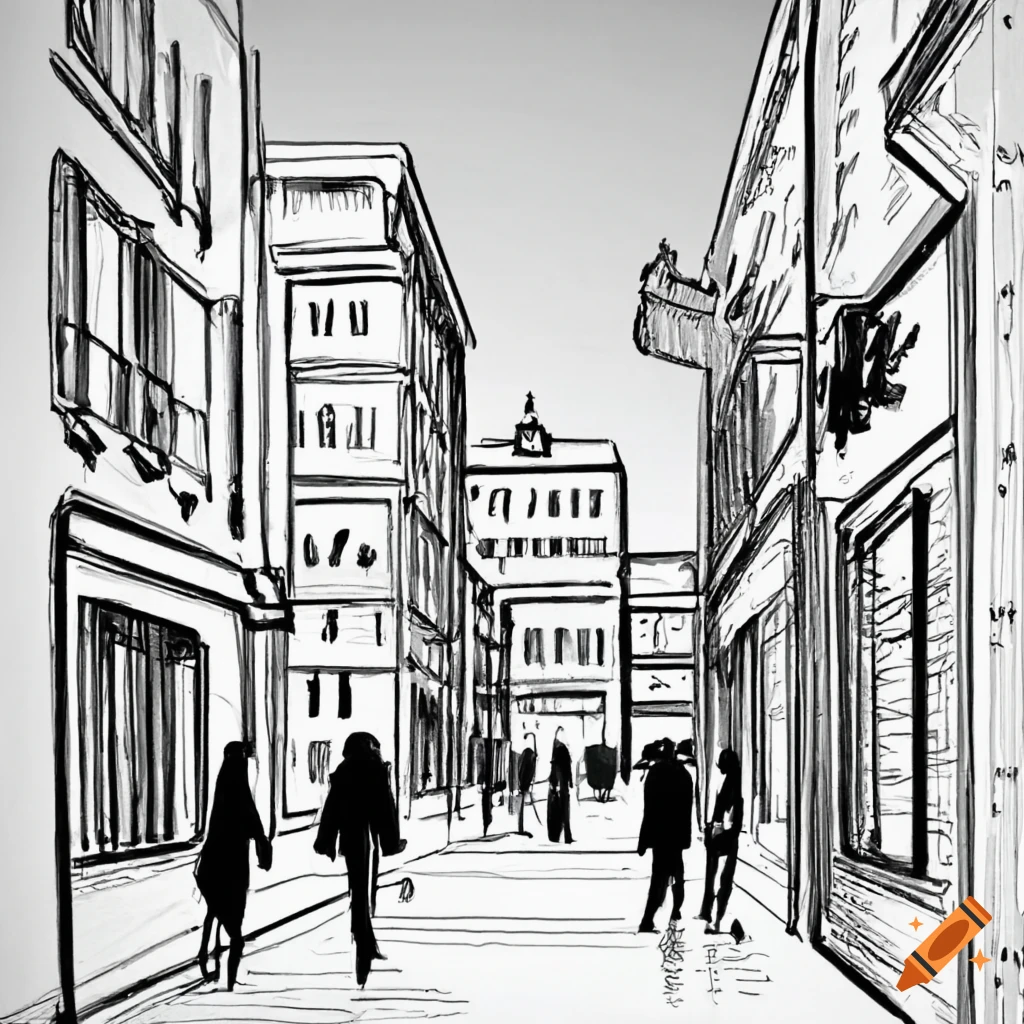 Pen sketch of people walking in a corner on Craiyon