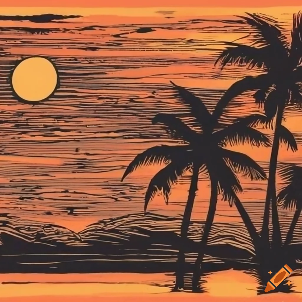 Cel-shaded woodcut of a tropical sunset with palm trees on Craiyon