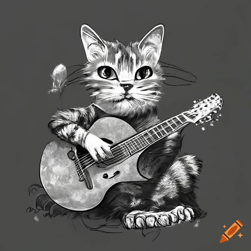 Manga-style illustration of a rocking cat guitarist on Craiyon