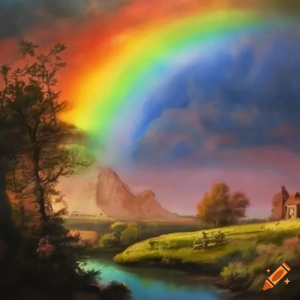 Colorful 1800s oil painting of a rainbow and unicorn in a fictional ...