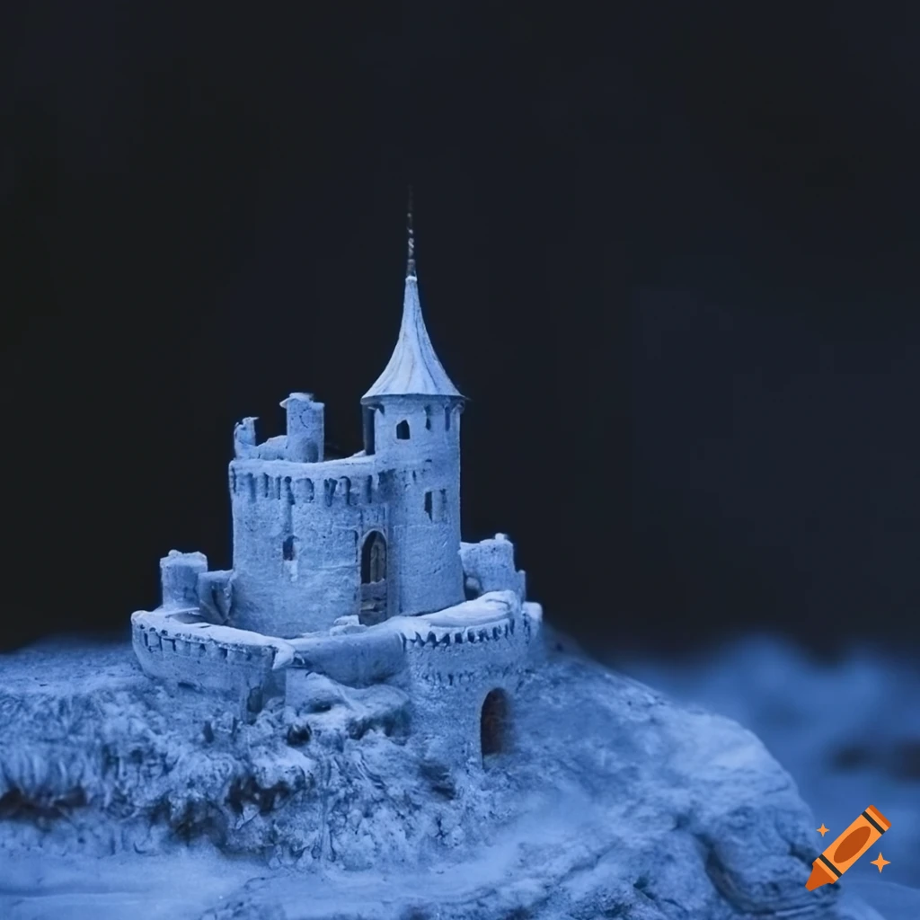 Toy photography of a snow-covered gothic castle in the forest on Craiyon