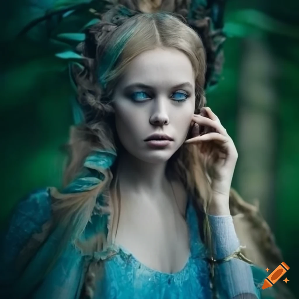 Depiction of a finnish forest goddess in a blue dress on Craiyon