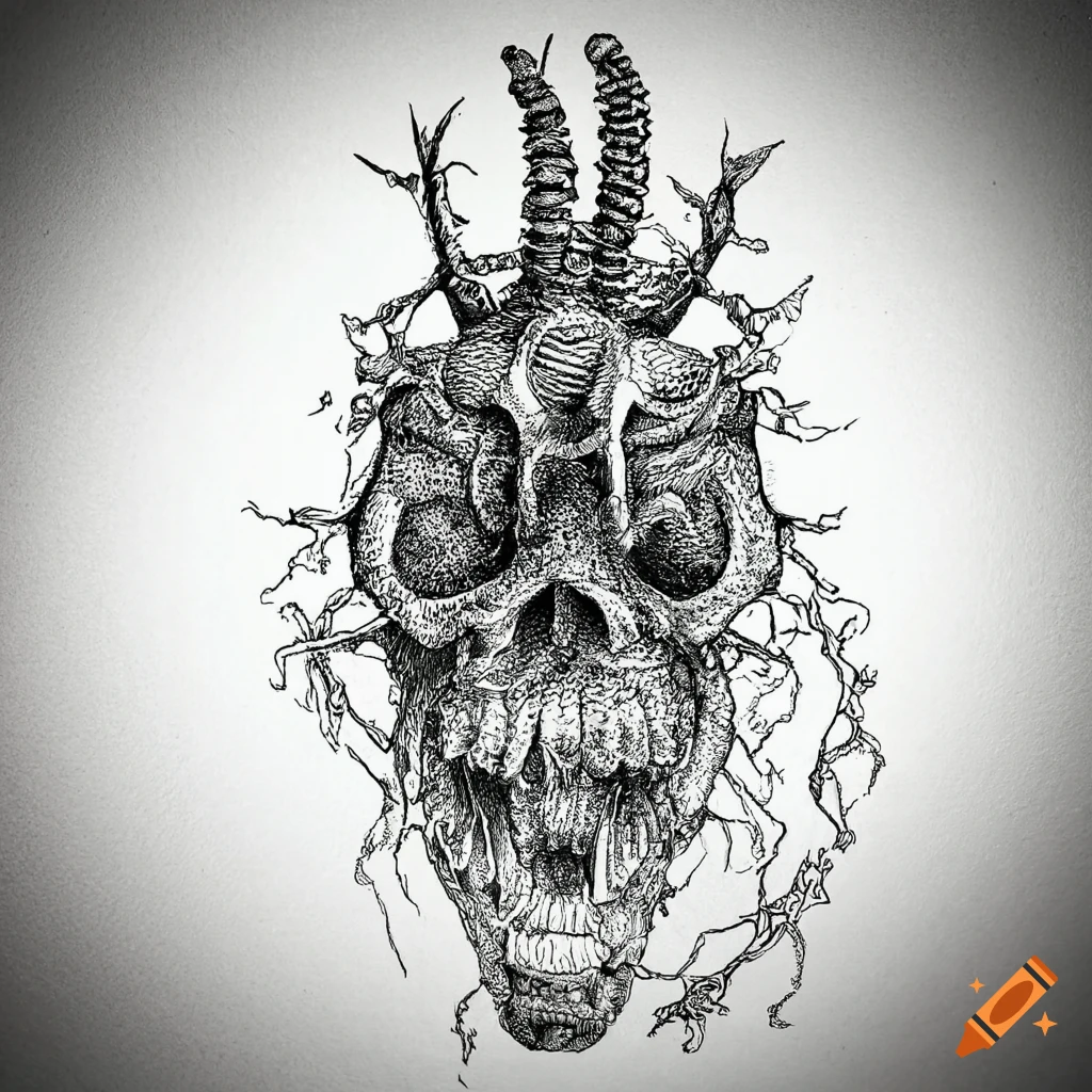 Black and white illustration of a hydralisk skeleton on Craiyon