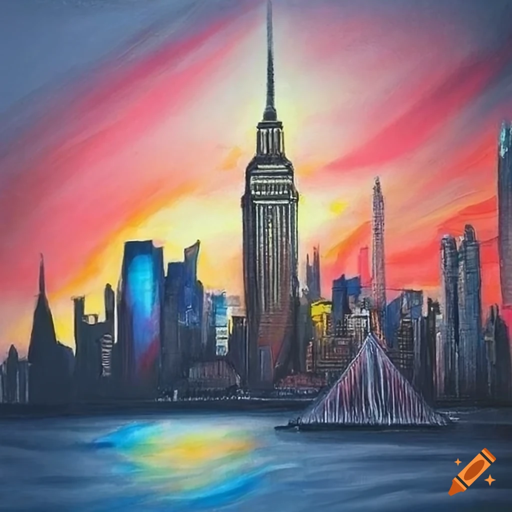 Hyperrealistic crayon drawing of Manhattan skyline at sunset on Craiyon