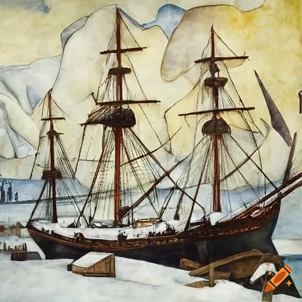 Mural of an old ship in a snowy harbor