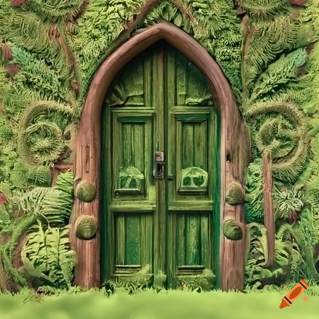 Moss-covered double door with nought and cross game carving on Craiyon