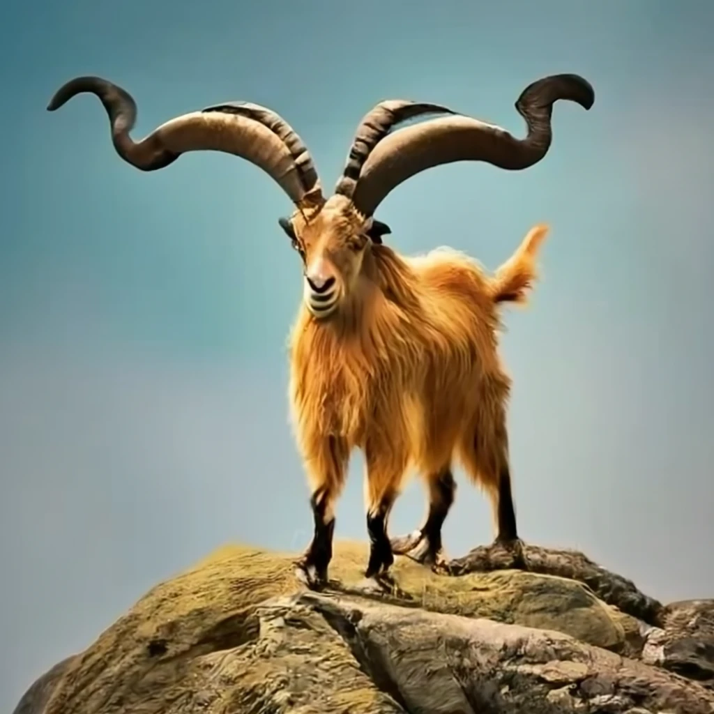 Golden markhor goat on mountain peak