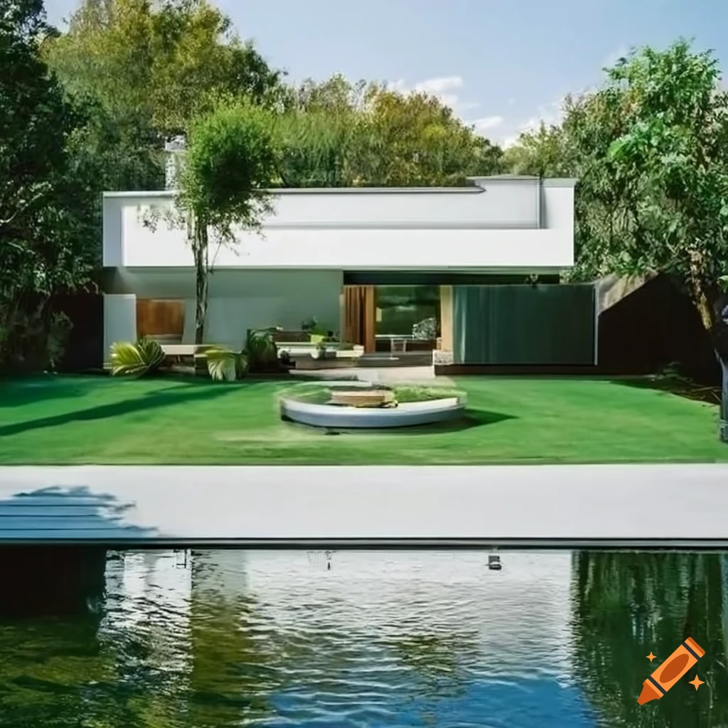 Modern minimalist house with water fountain and floral garden on Craiyon