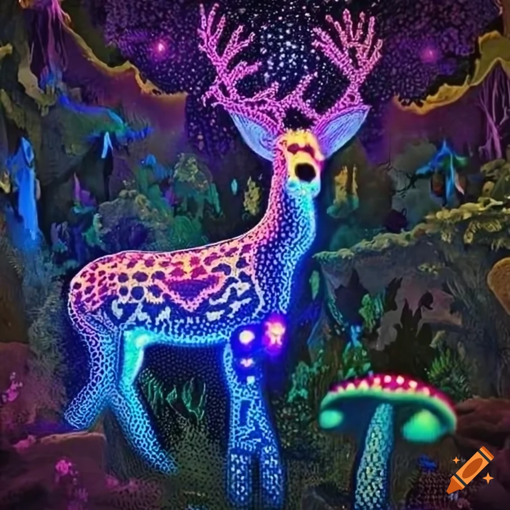 Realistic depiction of a magical deer in a forest at night on Craiyon