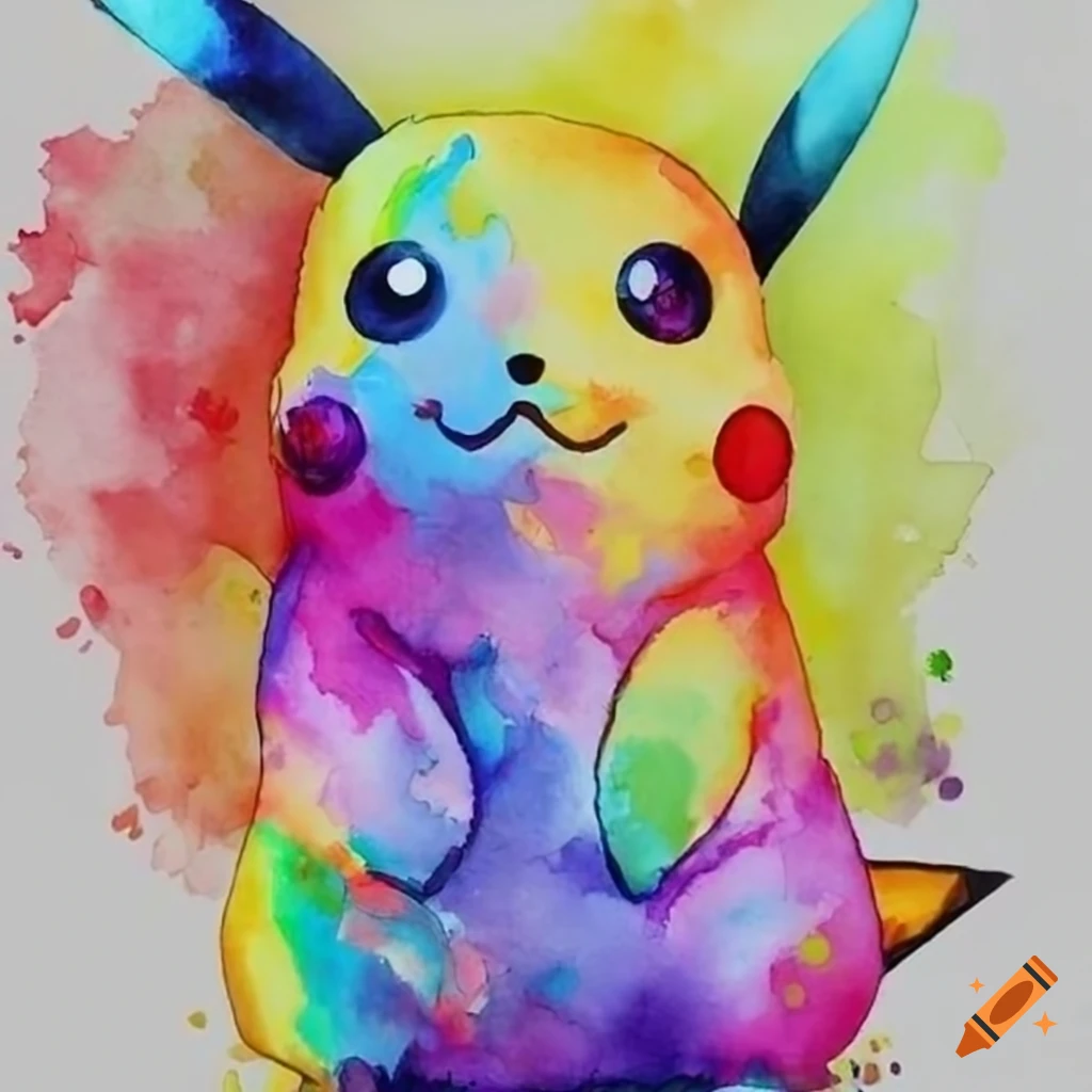 Watercolor artwork of pikachu with rainbow colors on Craiyon