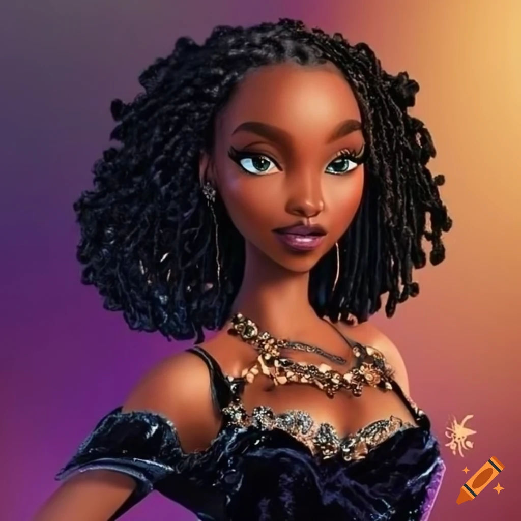 Illustration of a black princess in a velvet dress with purple eyes and ...