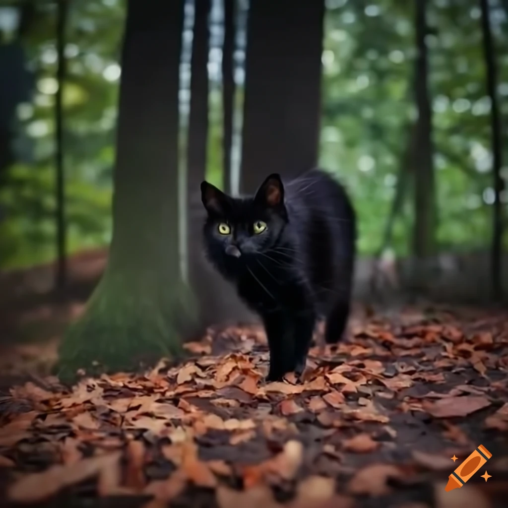 Black cat in a mysterious forest on Craiyon