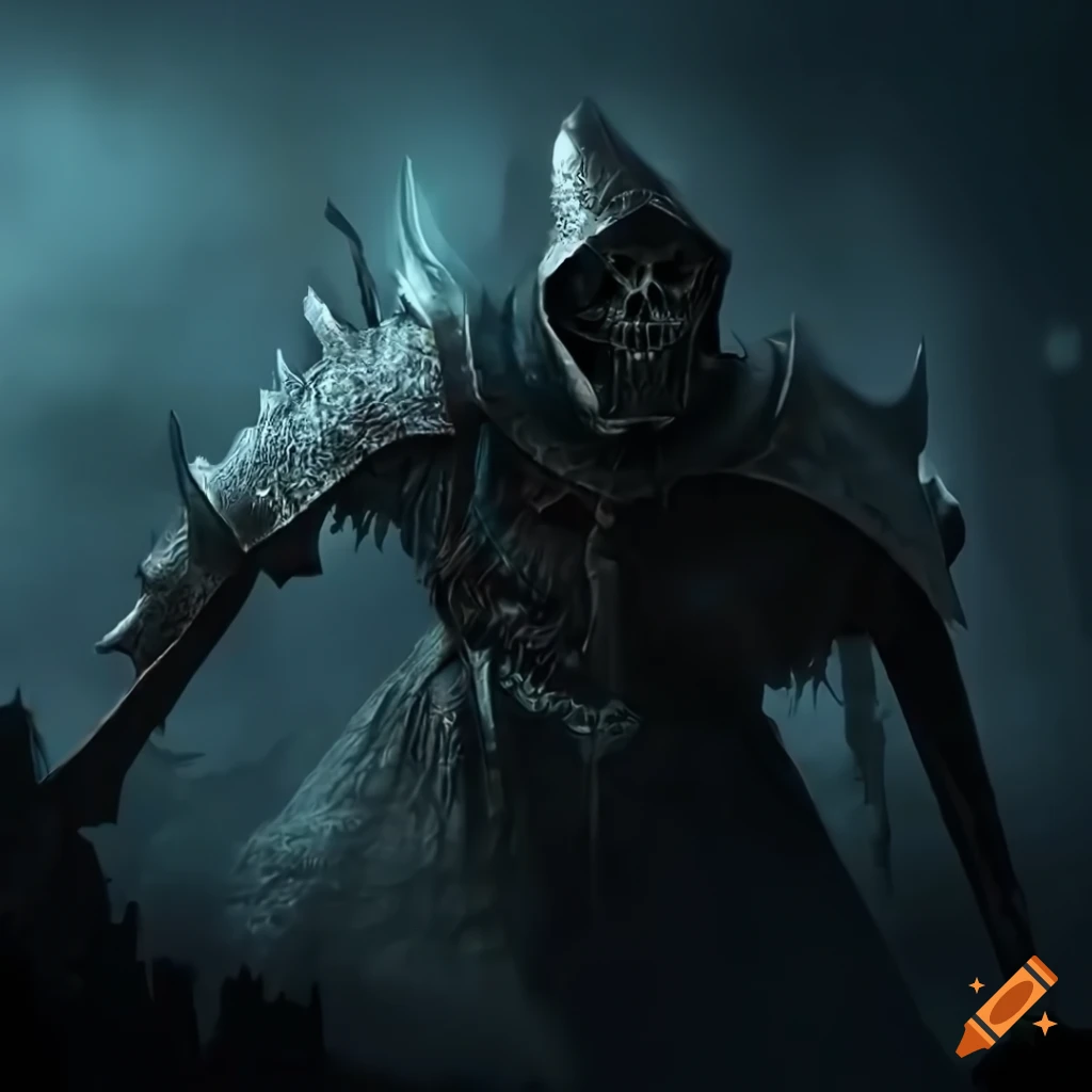 Undead knight charging with a bastardsword on a battlefield on Craiyon