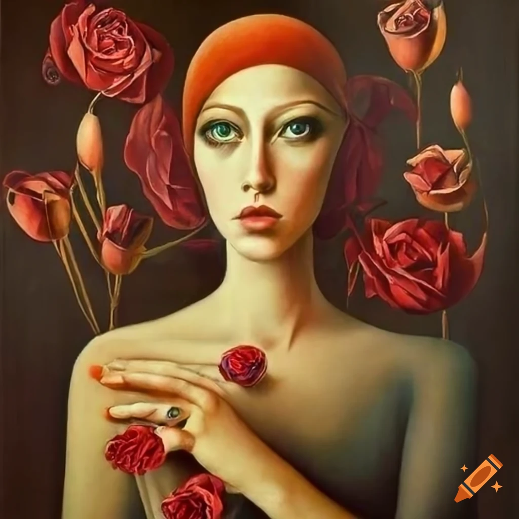 Surrealist painting of a woman with roses on Craiyon