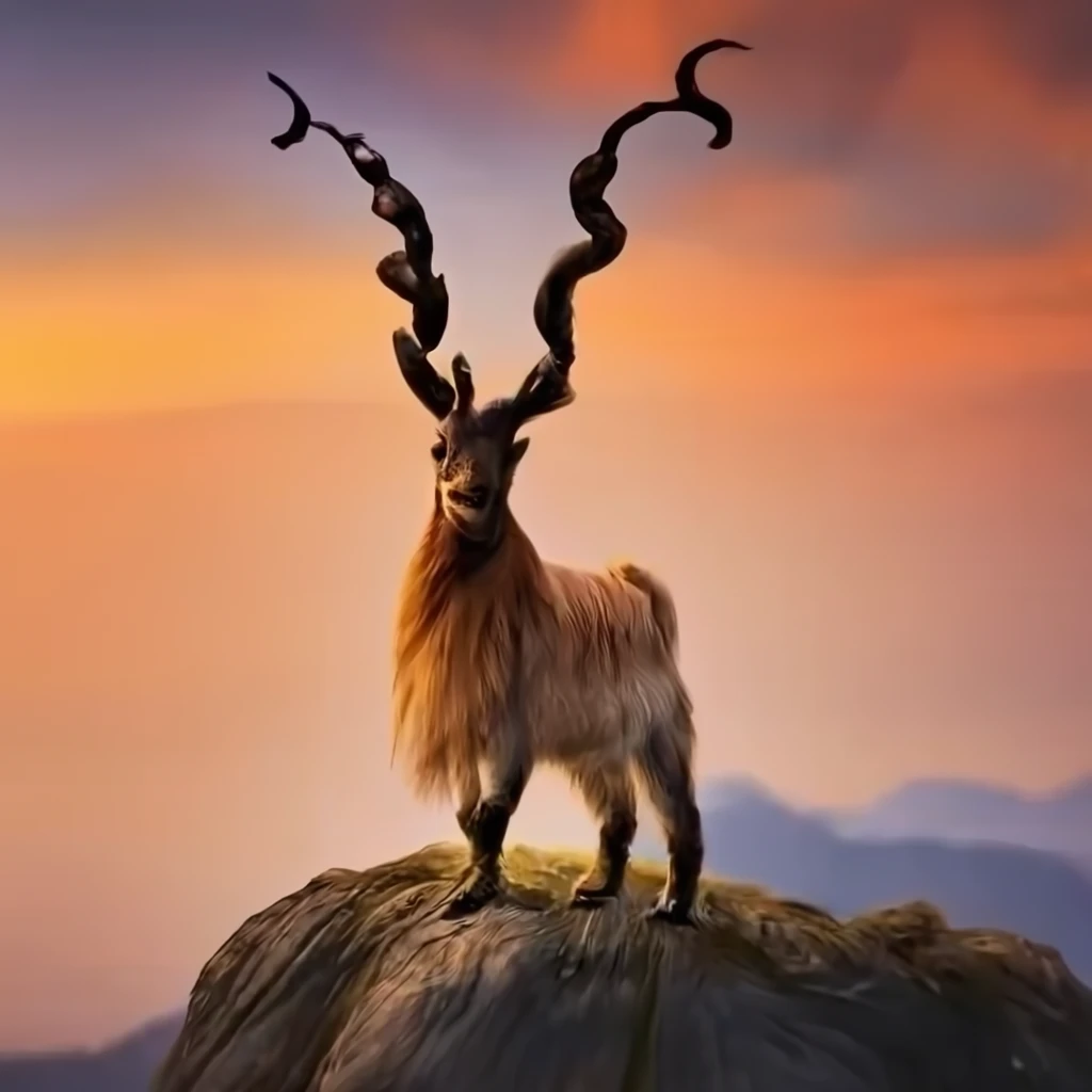 Majestic markhor goat with golden fur and impressive horns on Craiyon