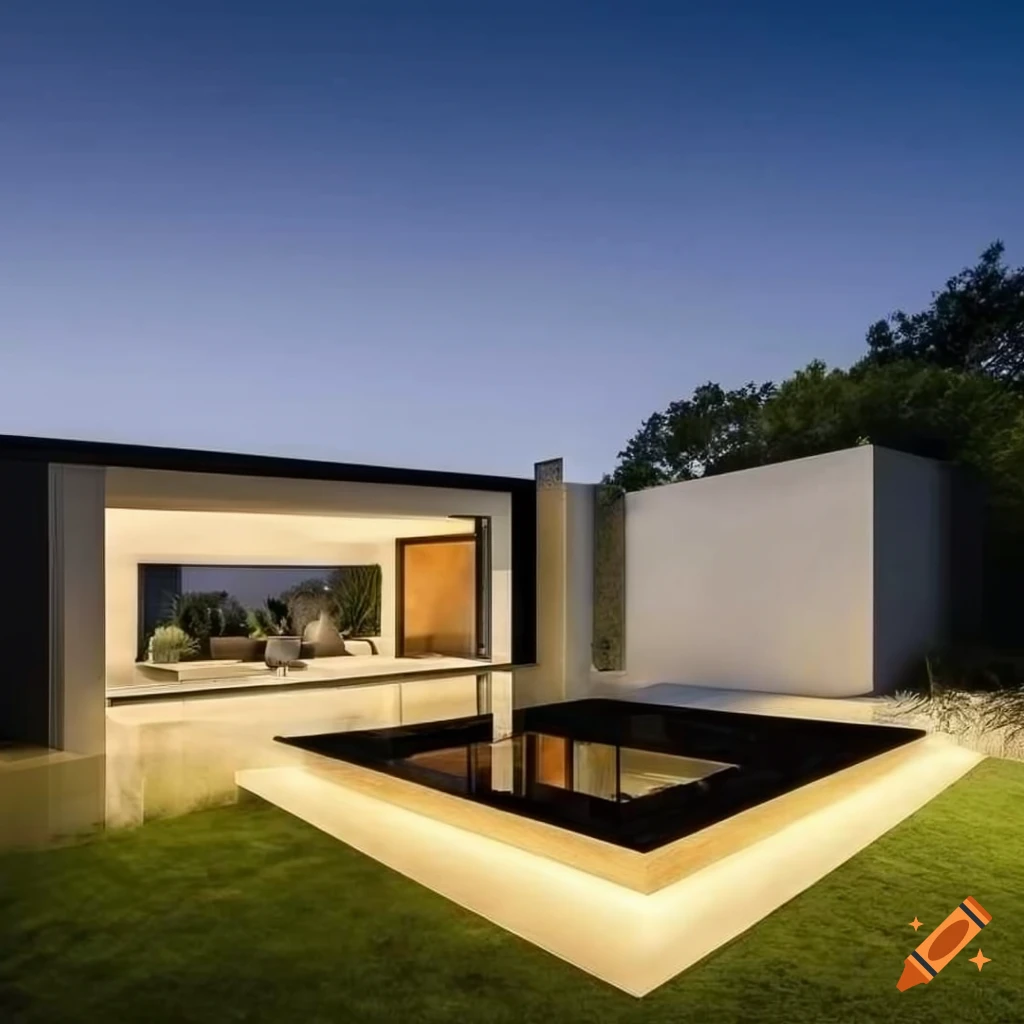 Modern minimalist house with water fountain and floral garden on Craiyon