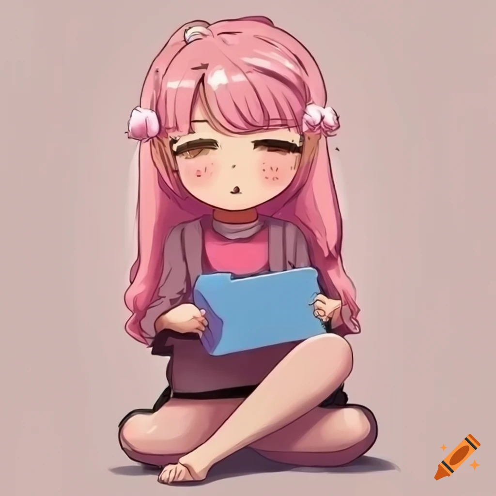 Chibi girl with pink hair sitting with a notebook on Craiyon
