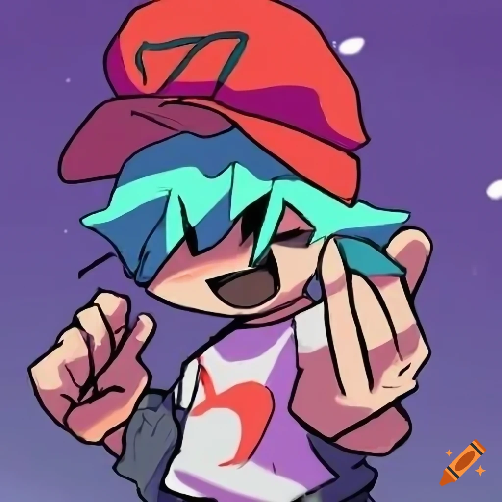 Character design of FNF Boyfriend with cyan hair and red cap on Craiyon