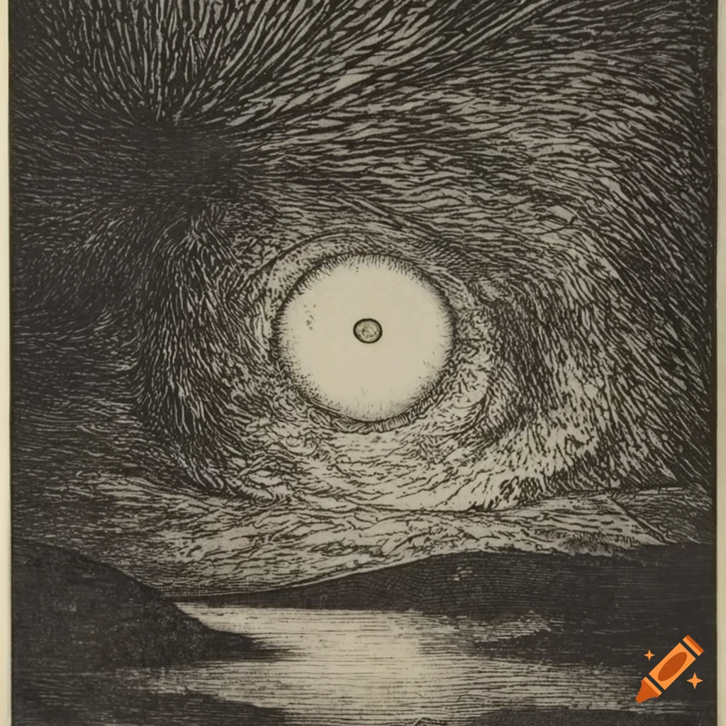 Black and white acid etching artwork of an ominous eye in the sky on ...