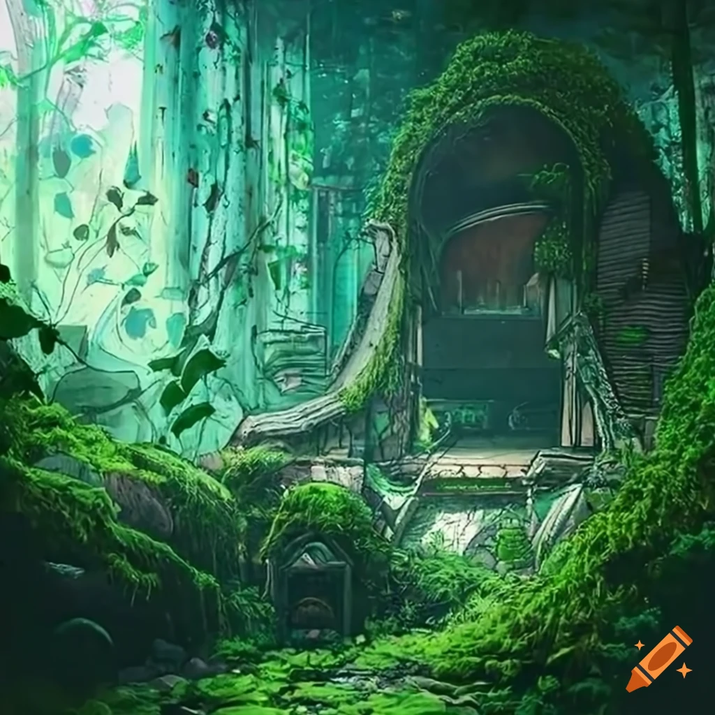 Abandoned spaceship in a moss-covered jungle